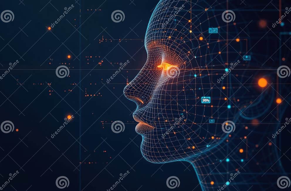 Digital Face Profile with Futuristic Wireframe and Orange Glowing ...