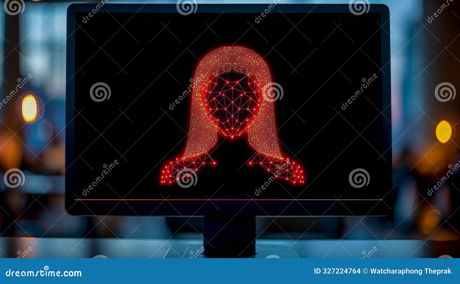 Digital Face on Screen with Red Network Nodes Stock Illustration ...