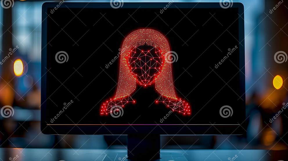 Digital Face on Screen with Red Network Nodes Stock Illustration ...