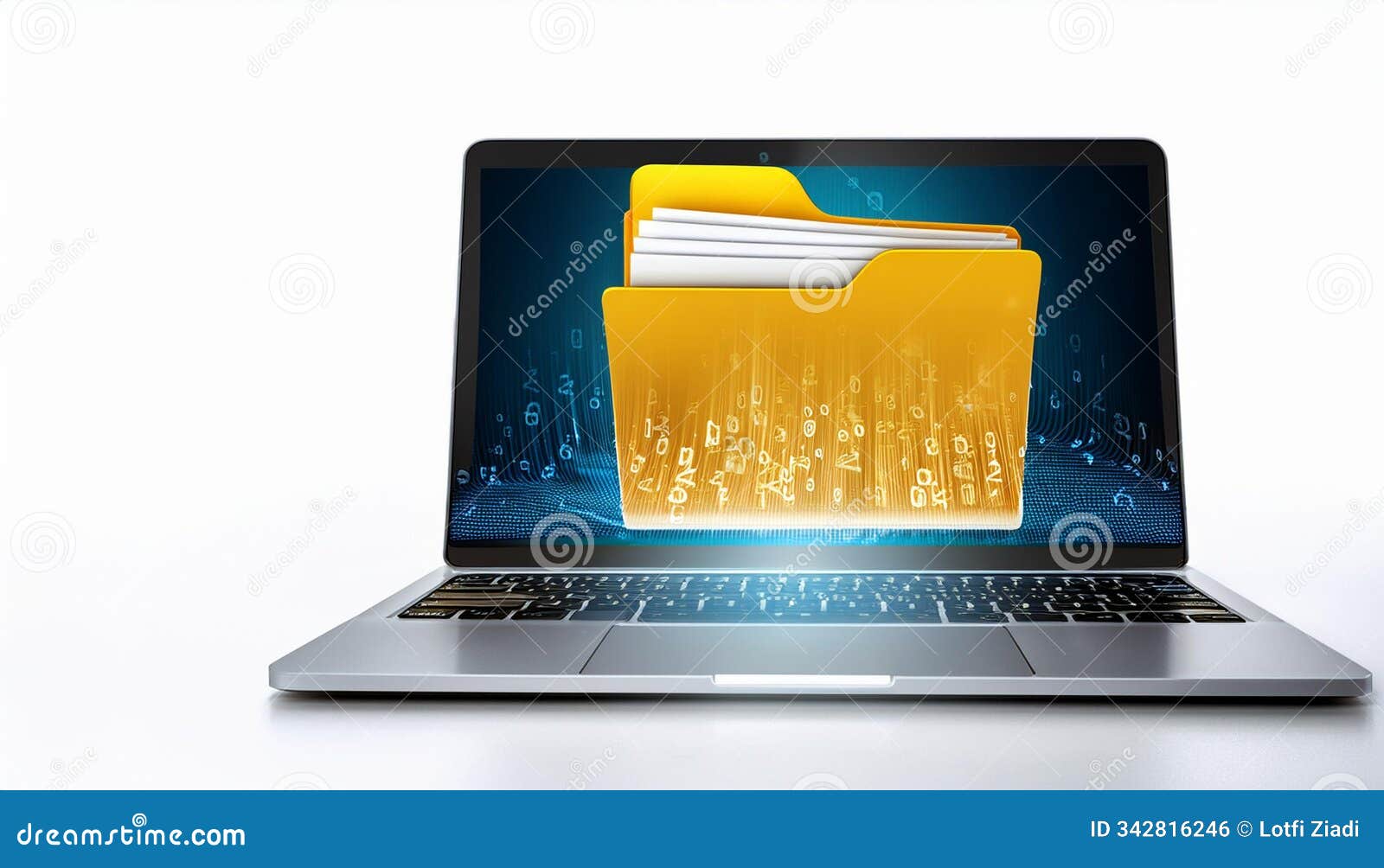 Digital File Folder Emerging from Laptop Screen on White Background. 3D ...