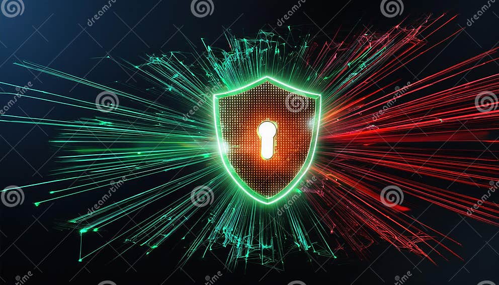 Digital Firewall Breach Visualized As Glowing Shield with Vibrant Green ...