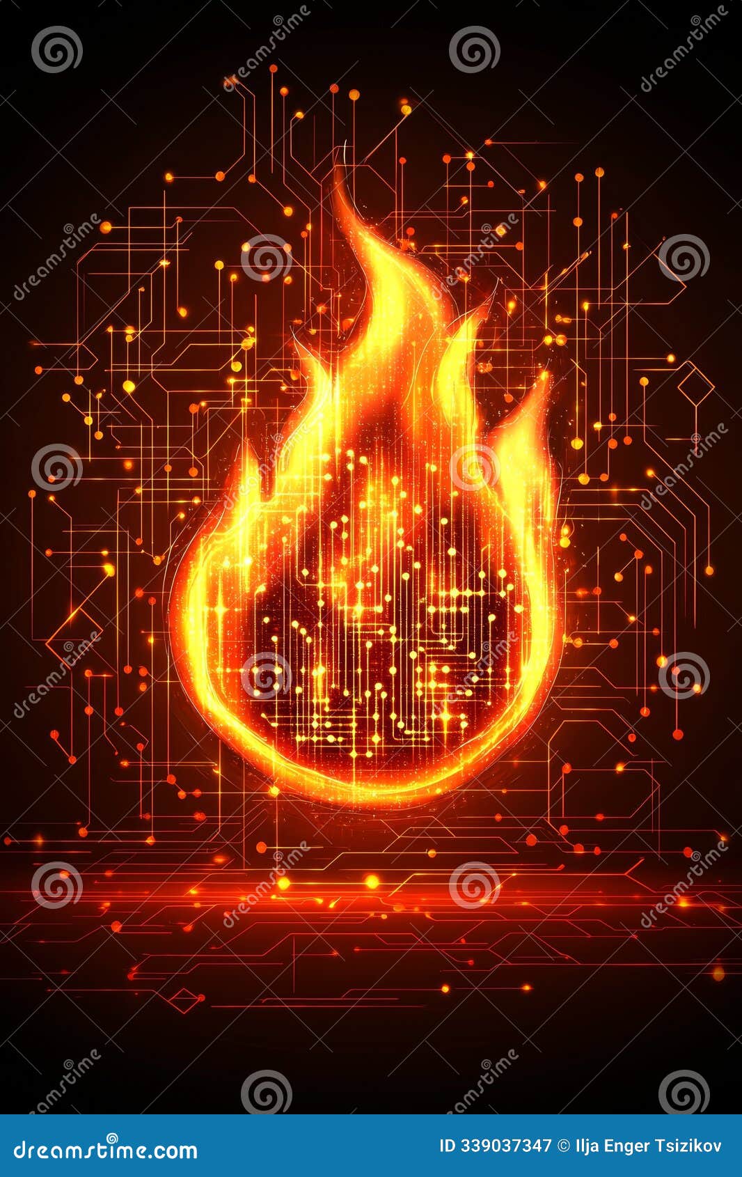 Digital Flame on Red Technology Background, Abstract Energy Source ...