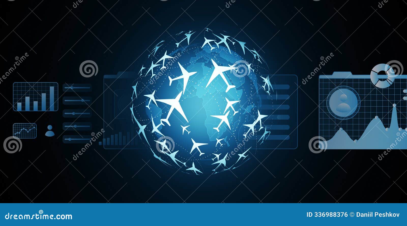 Digital Flight Booking Concept with Global Map and Data Interface. 3D ...