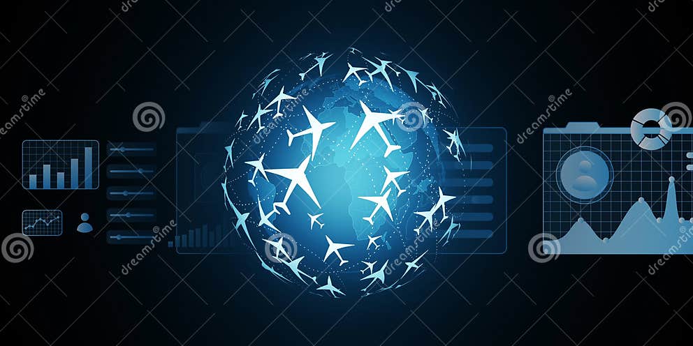 Digital Flight Booking Concept with Global Map and Data Interface. 3D Rendering Stock ...