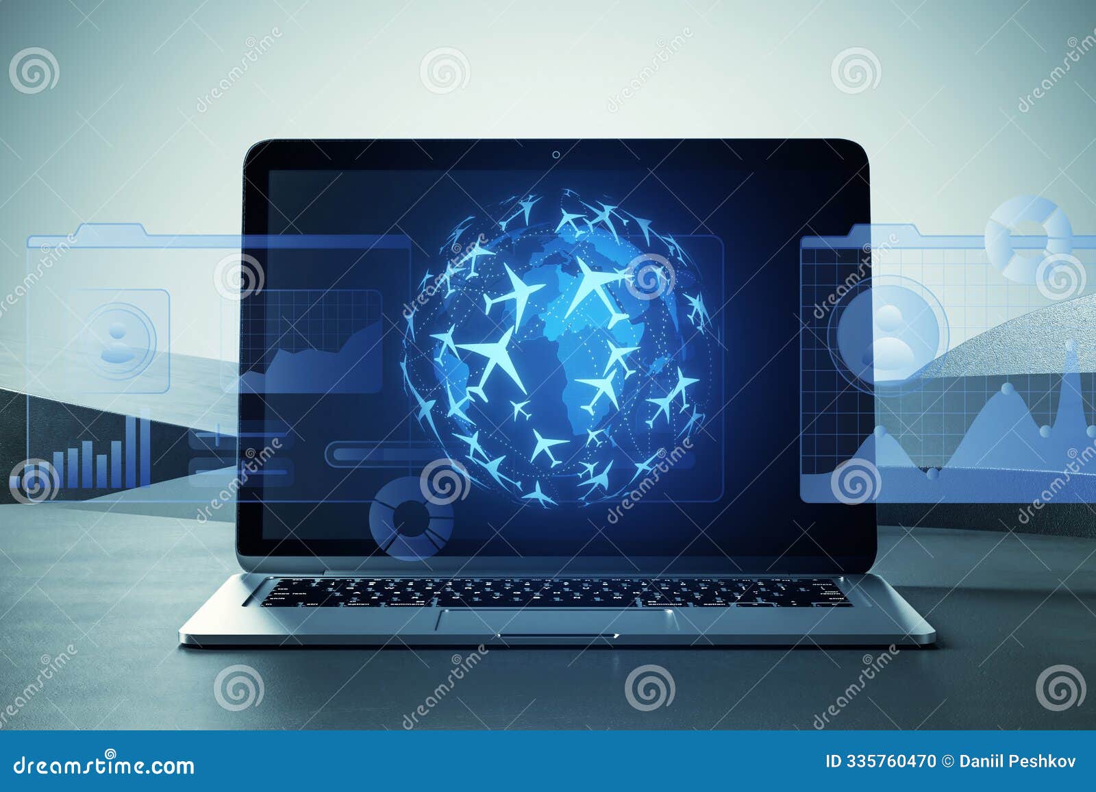 Digital Flight Booking Platform on Laptop with Global Network Graphics ...
