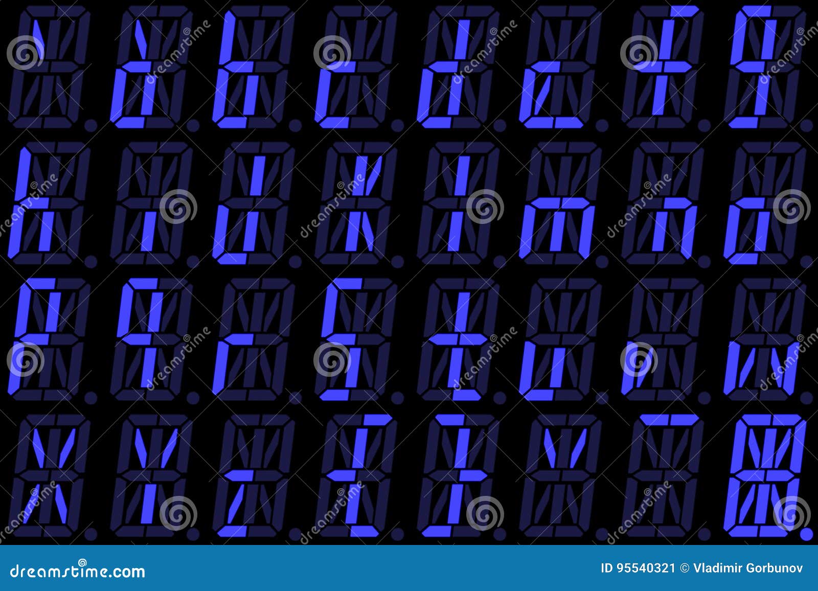Digital Font from Small Letters on Blue Alphanumeric LED Display Stock ...