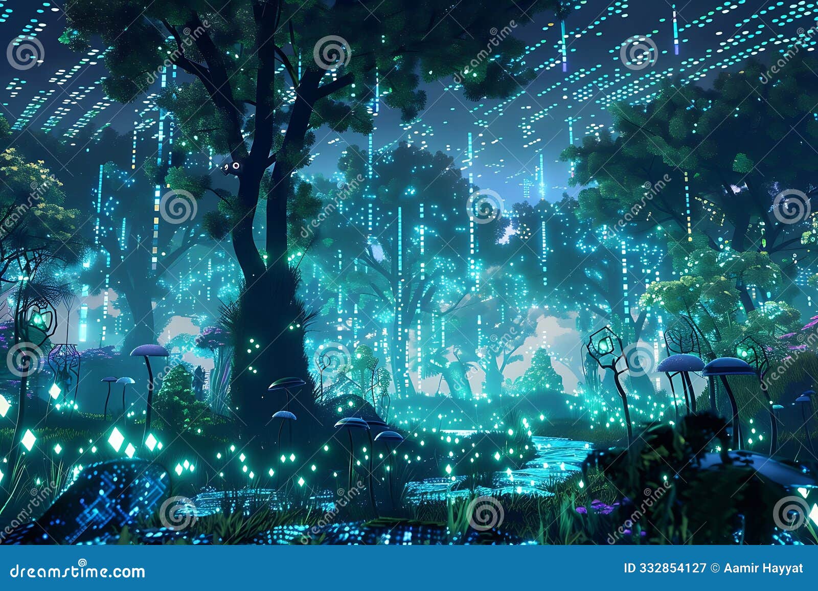 Digital Forest with Futuristic Elements and Virtual Landscapes Stock ...