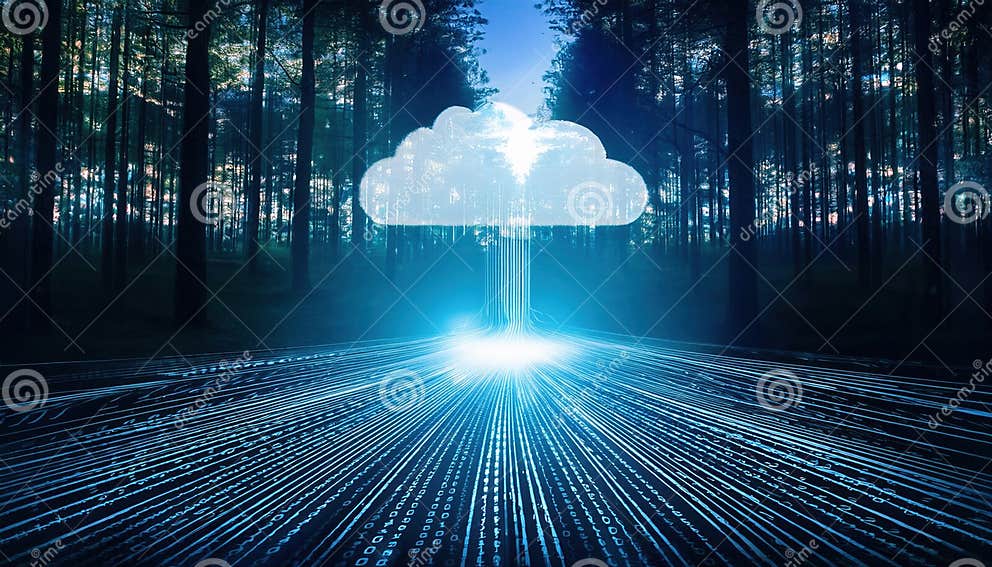 Digital Forest with Interconnected Trees and Binary Code Streams, Showcasing Cloud Symbolizing ...