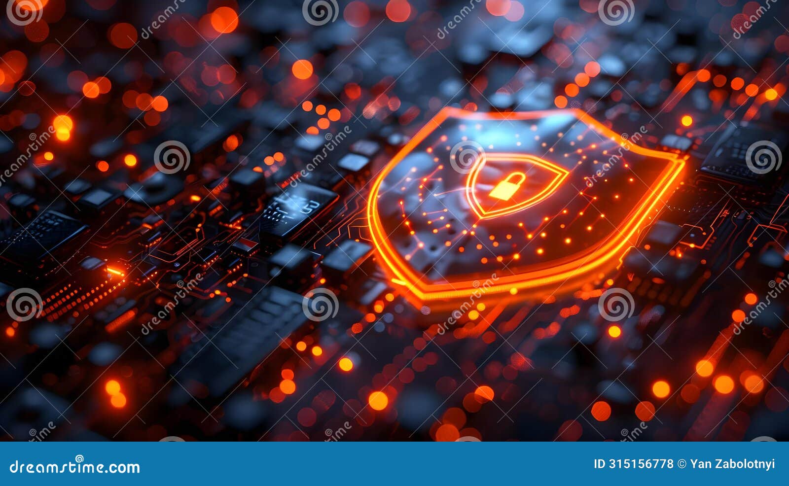 Digital Fortress: Cybersecurity Shield Over Tech Terrain. Concept ...