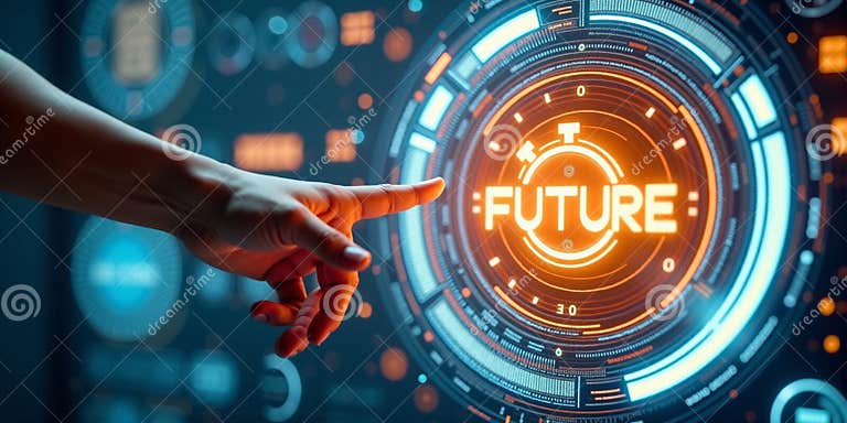 Hand Touching Glowing Future Icon and Business Analytics Interface ...