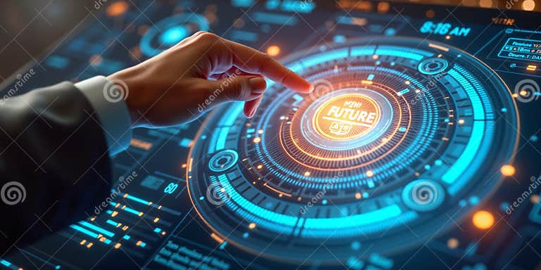Hand Touching Glowing Future Icon and Business Analytics Interface ...