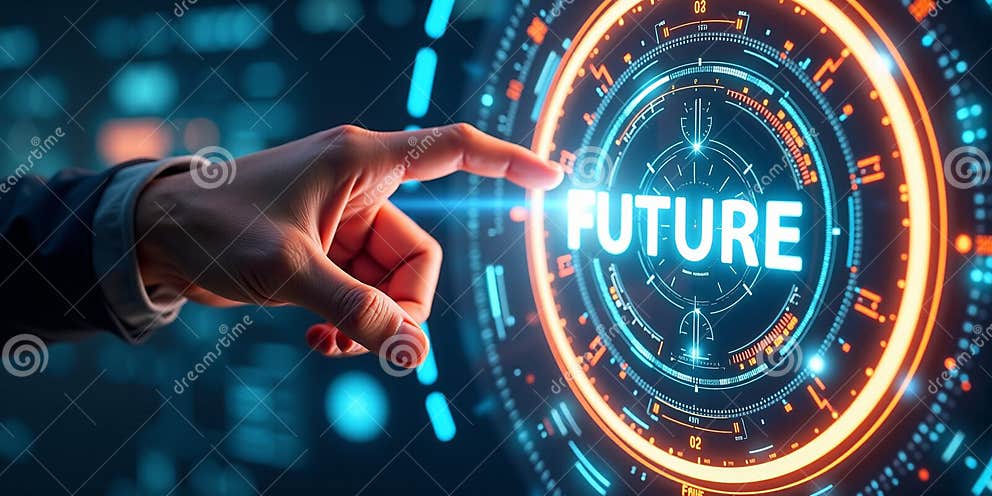 Hand Touching Glowing Future Icon and Business Analytics Interface ...