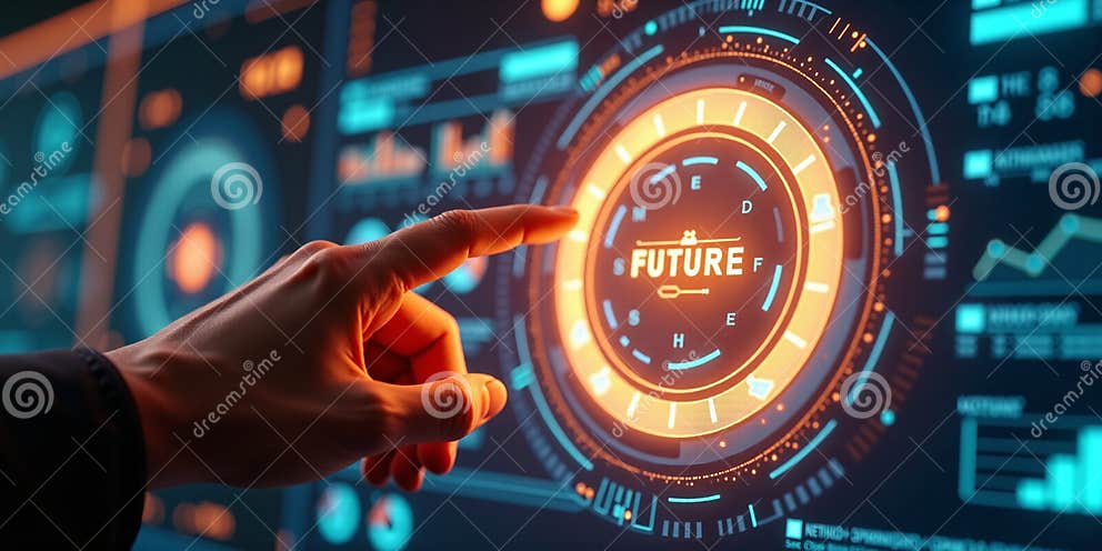 Hand Touching Glowing Future Icon and Business Analytics Interface ...