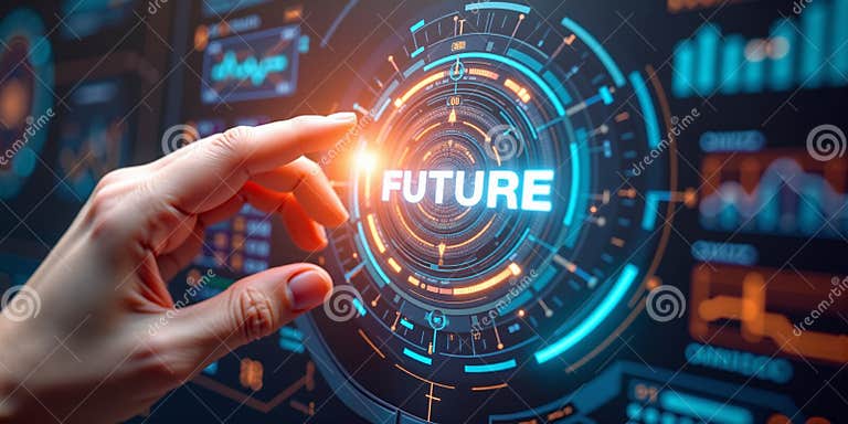 Hand Touching Glowing Future Icon and Business Analytics Interface ...