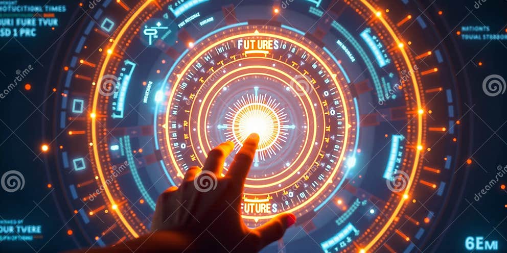 Hand Touching Glowing Future Icon and Business Analytics Interface ...