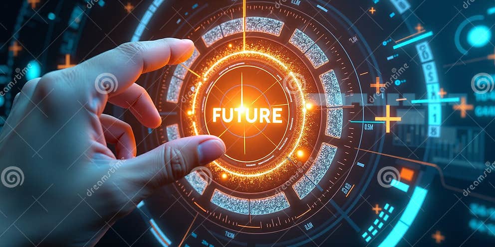 Hand Touching Glowing Future Icon and Business Analytics Interface ...