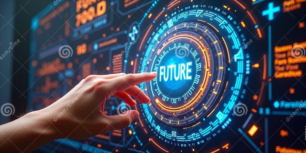 Hand Touching Glowing Future Icon and Business Analytics Interface ...