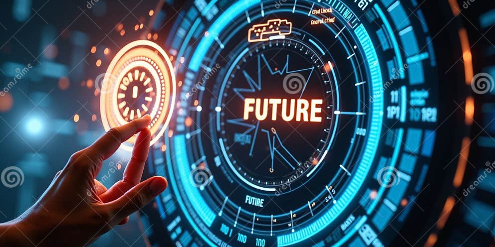 Hand Touching Glowing Future Icon and Business Analytics Interface ...