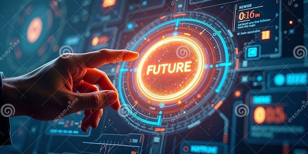 Hand Touching Glowing Future Icon and Business Analytics Interface ...