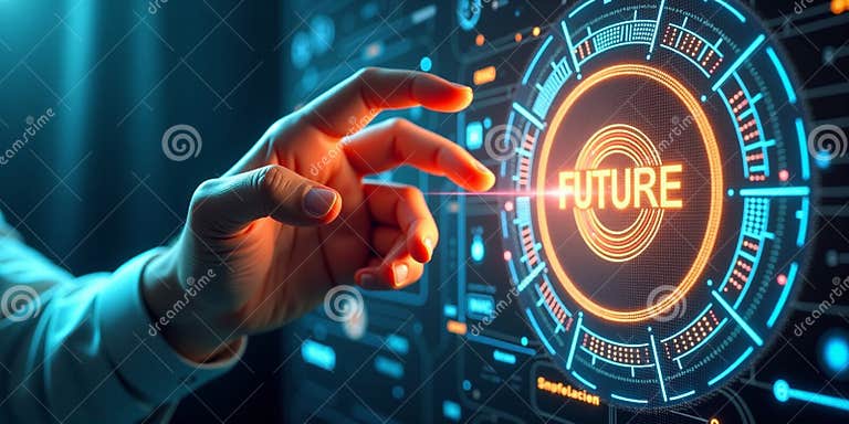 Hand Touching Glowing Future Icon and Business Analytics Interface ...