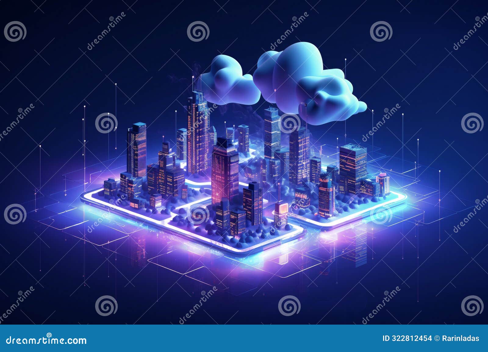Digital Futuristic Cityscape Under Blue Sky, High Tech Urban ...