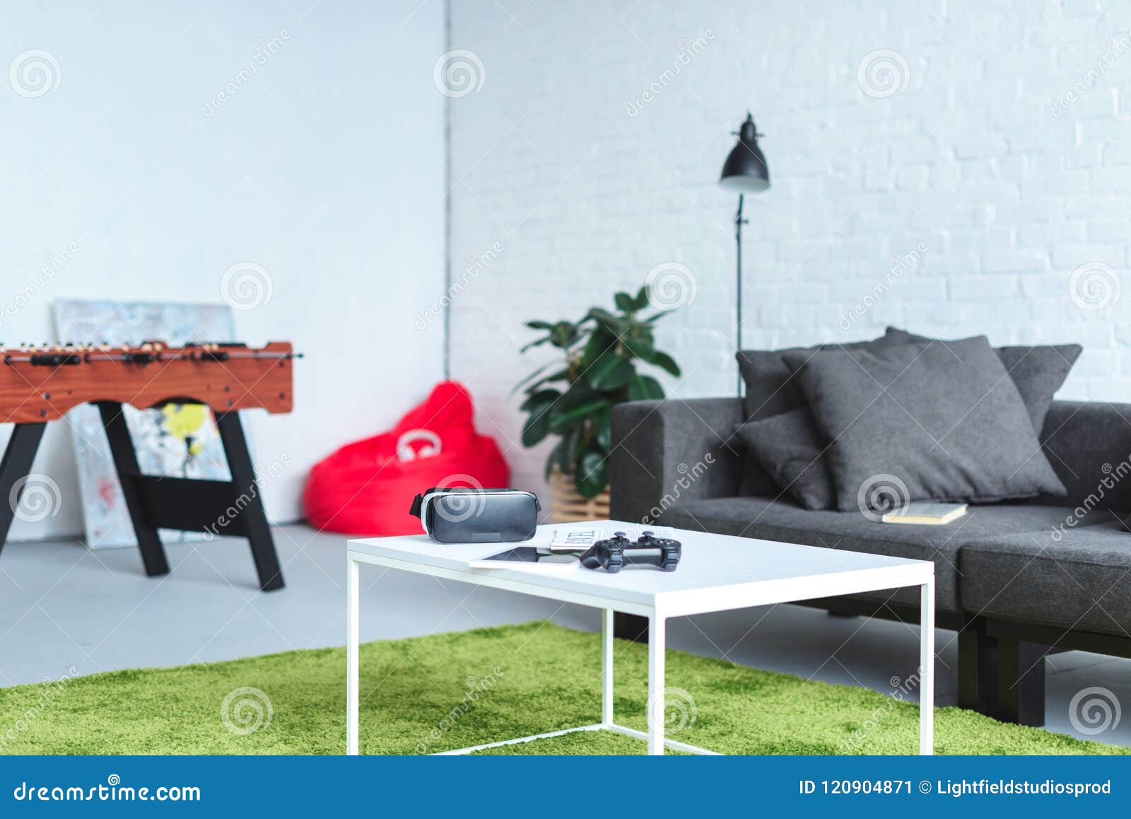 Digital Gadgets on Table in Modern Room Stock Image - Image of sofa ...