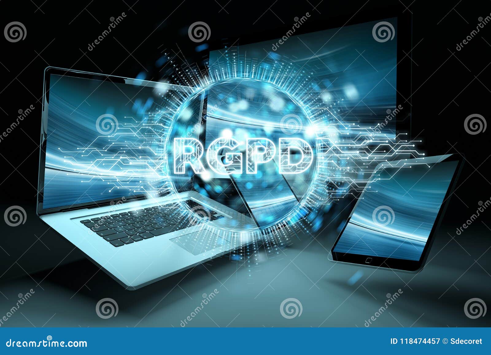 Digital GDPR Interface Over Tech Devices 3D Rendering Stock ...