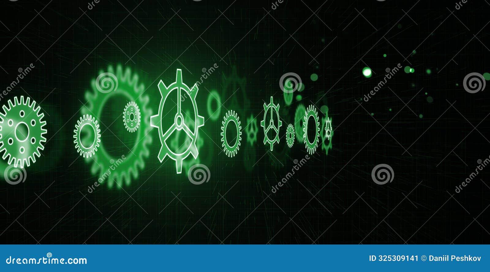 Digital Gears and Cogs on a Dark Green Background Symbolizing ...