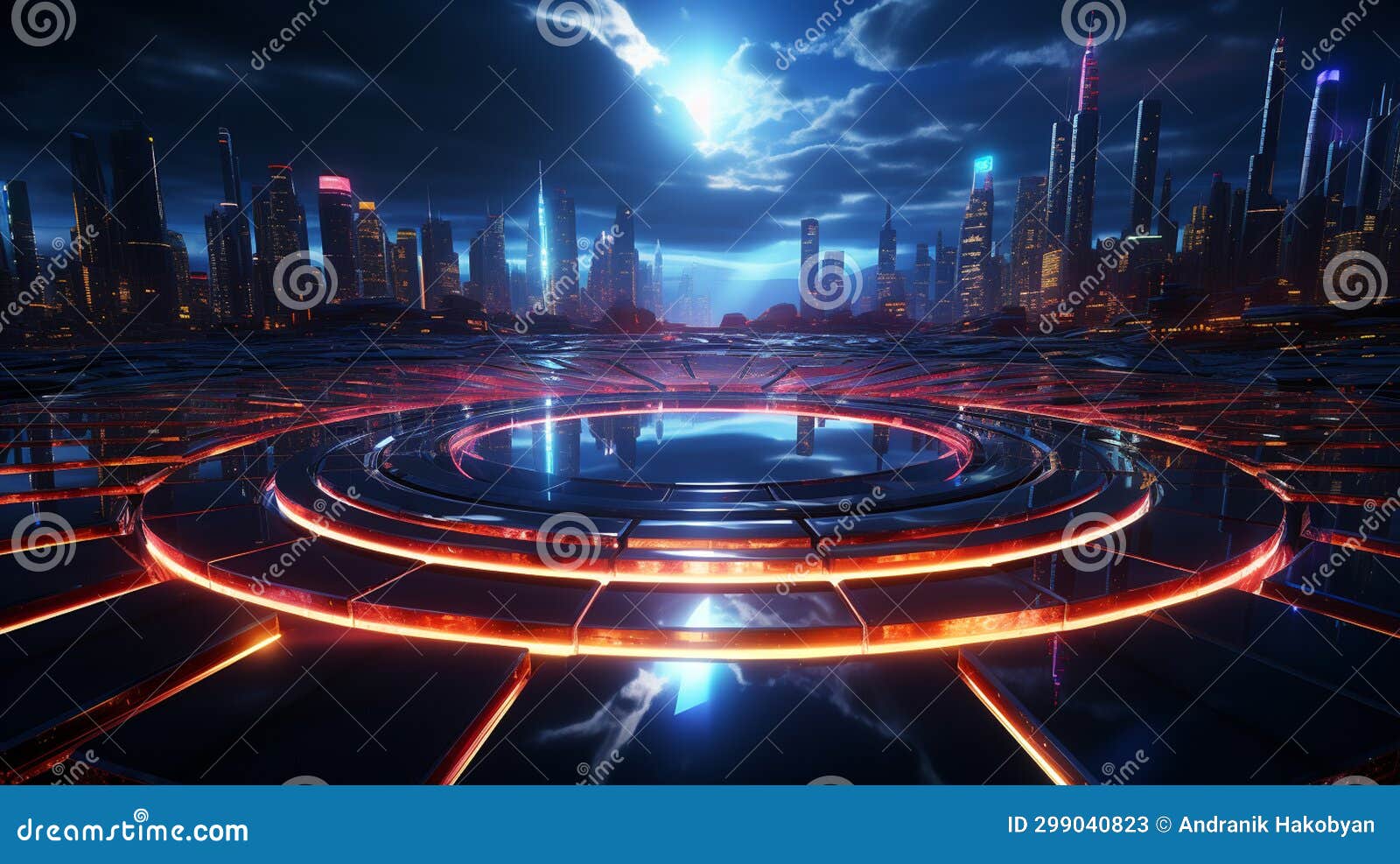 Digital Geometry Round with a Neon Lights Stock Illustration ...