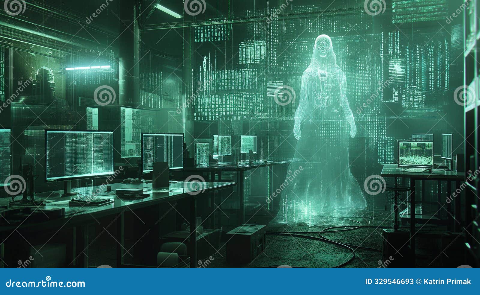 Digital Ghost with Figure with Holographic Interface on Dark Background ...
