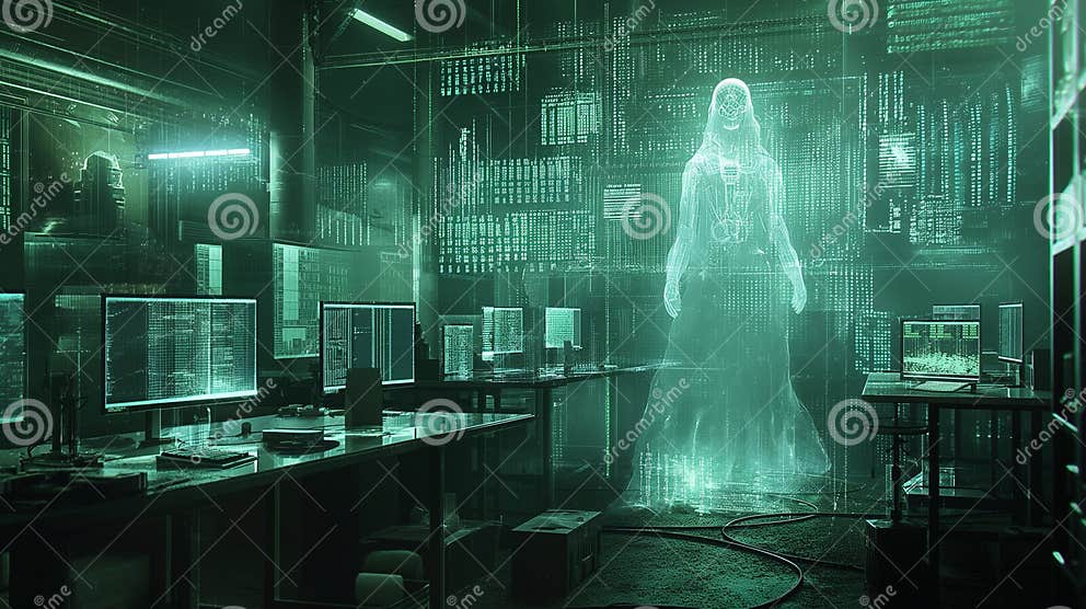 Digital Ghost with Figure with Holographic Interface on Dark Background ...