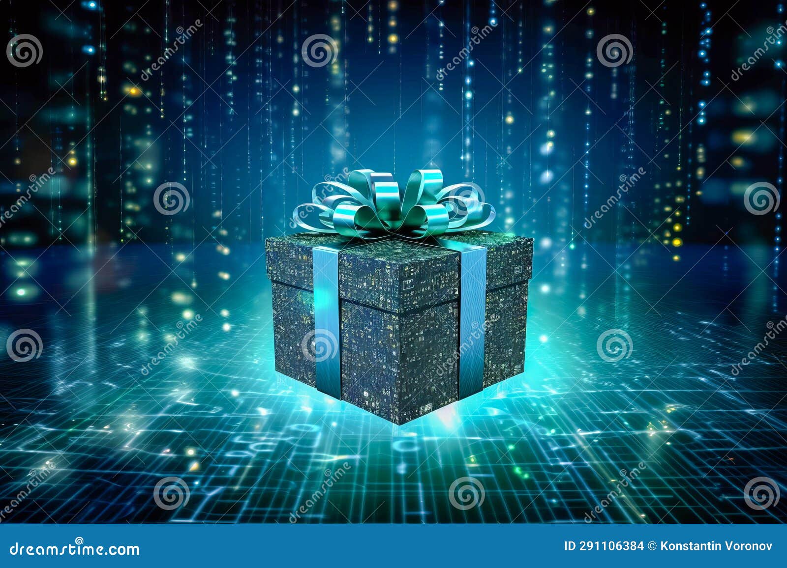 A Digital Gift Box with a Ribbon Bow, Suspended in Luminous Internet ...