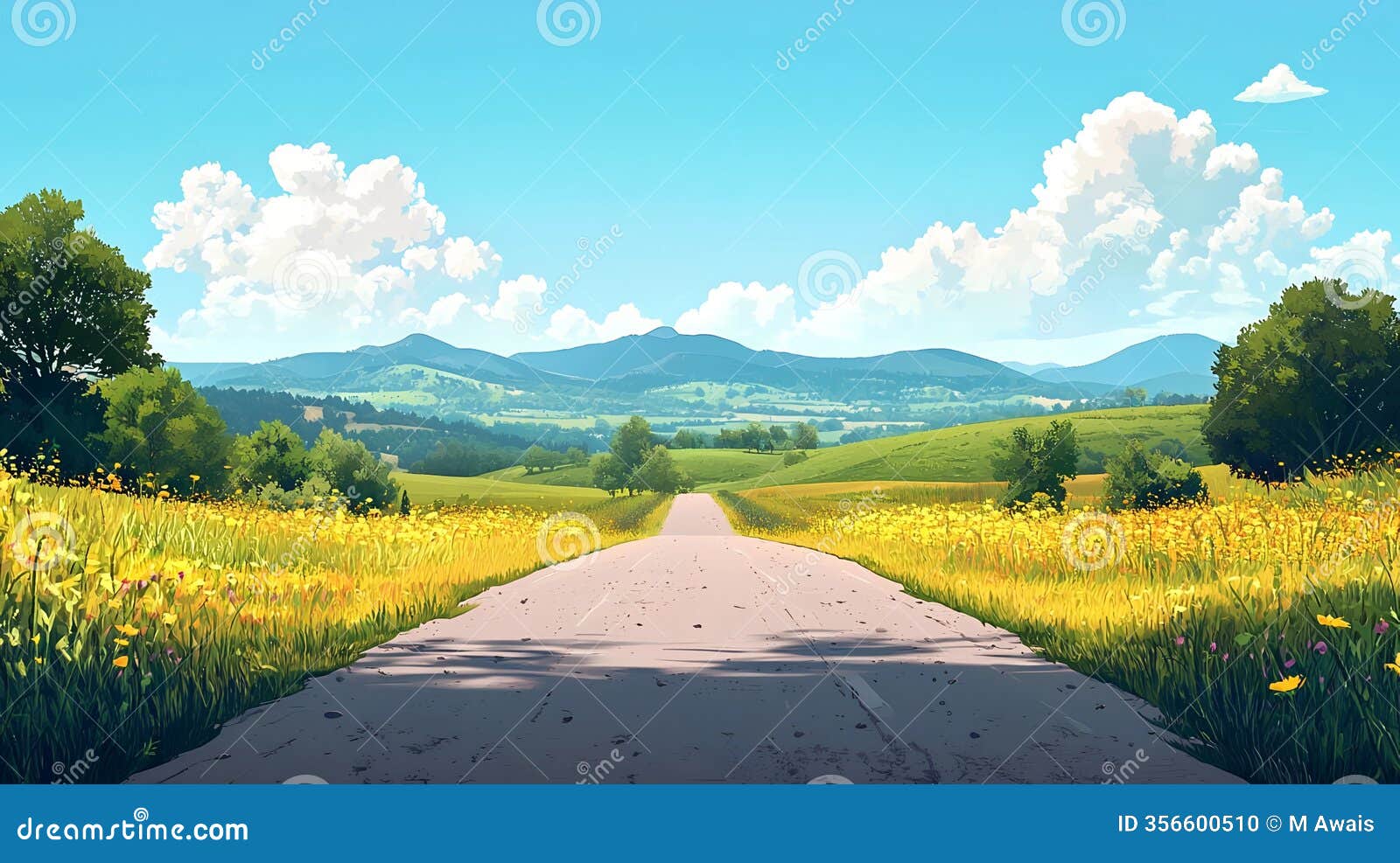 Sunny Country Road through Yellow Flower Fields Scenic Summer Landscape ...