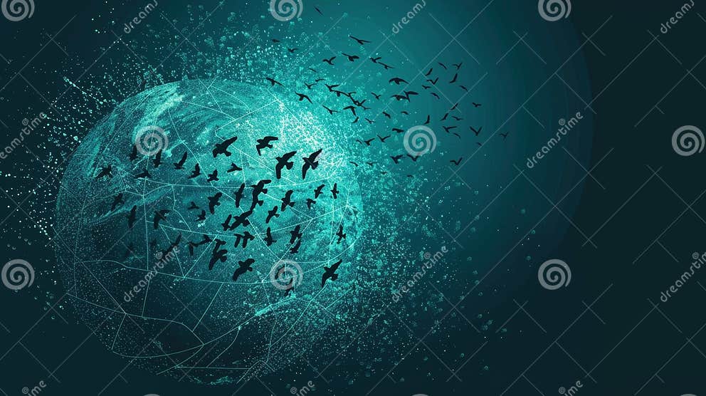 Digital Globe with Birds Migration Concept on Blue Background Stock ...