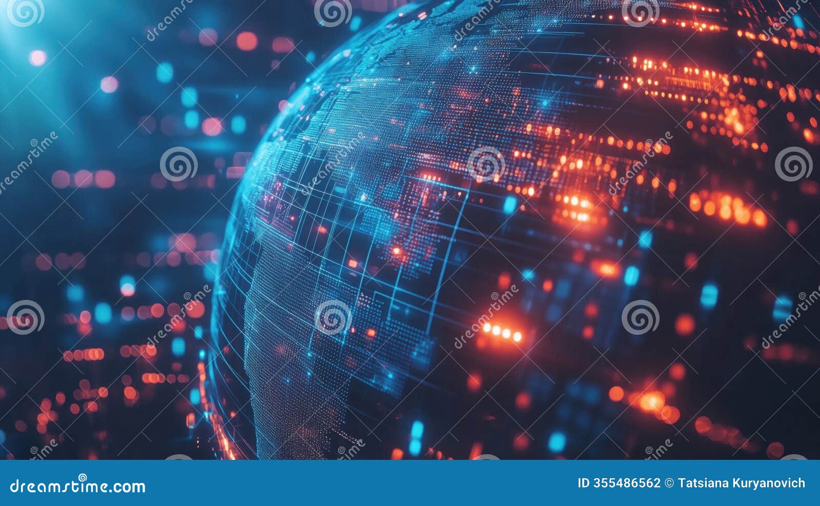 Digital Globe with Glowing Data Connections, Vibrant Blue and Orange ...
