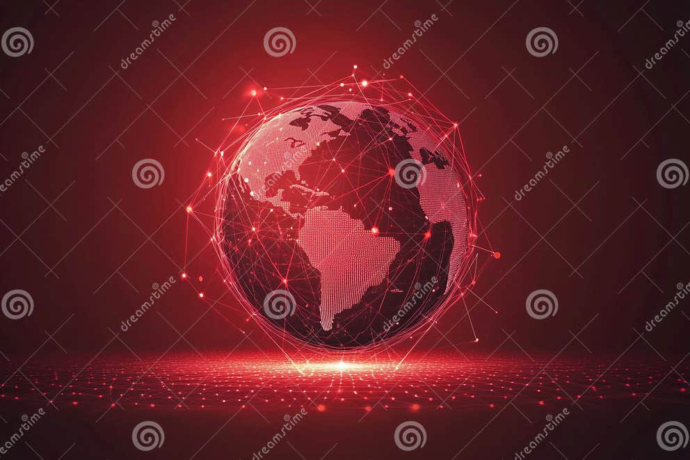 Digital Globe Network Visualization, Red Tones, Global Connectivity ...