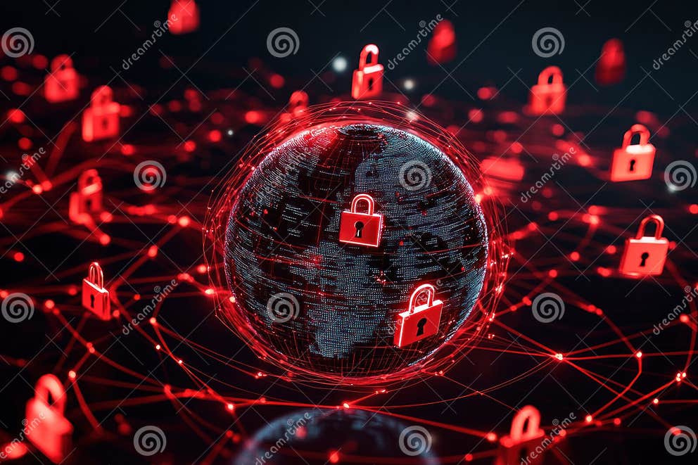 A Digital Globe with Red Locks Symbolizes Global Cybersecurity Stock ...