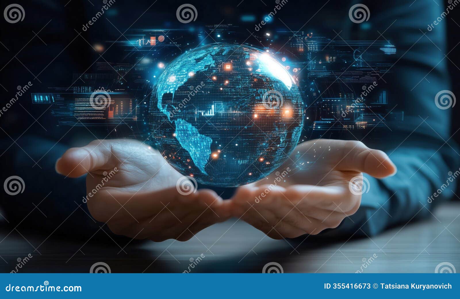 Digital Globe Representation Held in Hands, Showcasing Global Data Visualization, Technology ...