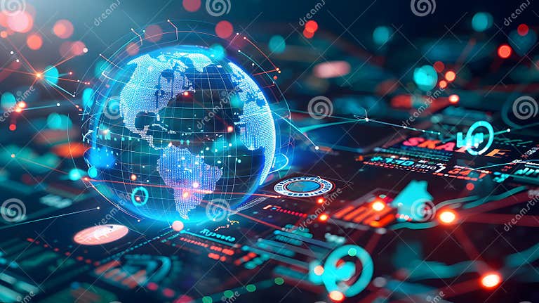 A Digital Globe Surrounded by Data Visualizations on a Futuristic Background, Representing ...