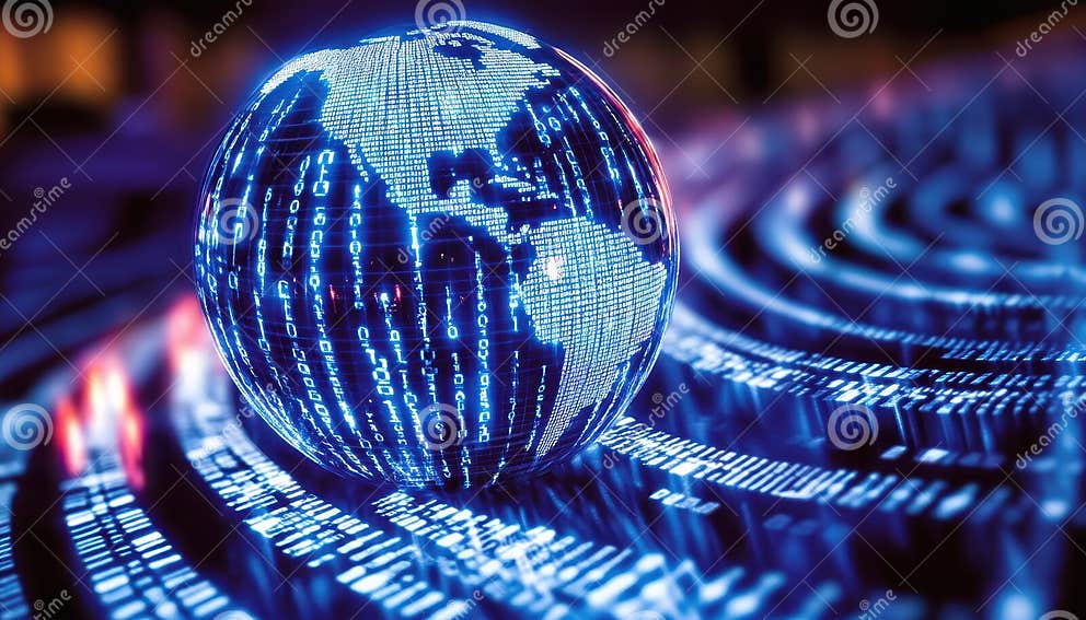 Digital Globe Surrounded by Flowing Binary Code in a Futuristic Setting Stock Photo - Image of ...