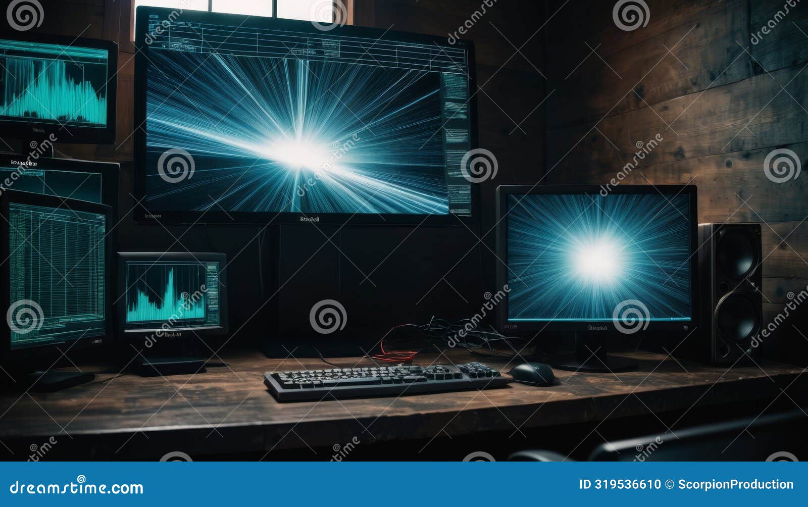 Digital Glow on Multiple Monitors in Dark Room Stock Photo - Image of ...