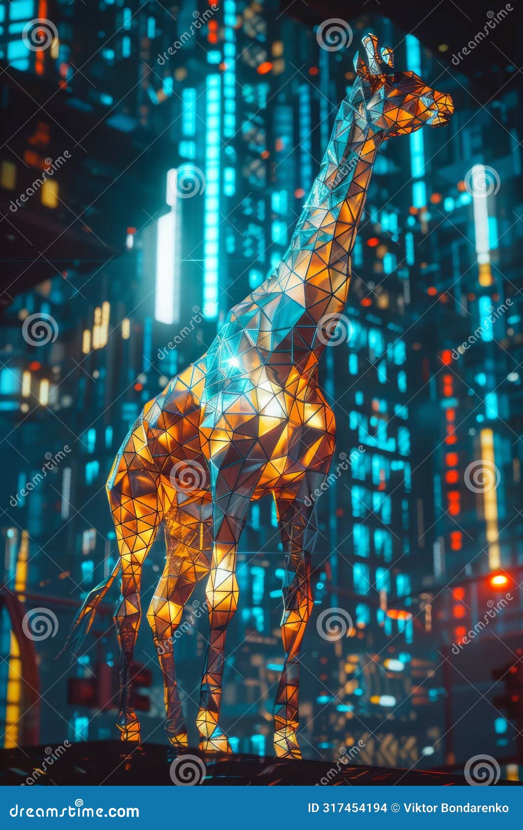 Digital Glowing Giraffe of 3d Triangular Polygons among City ...