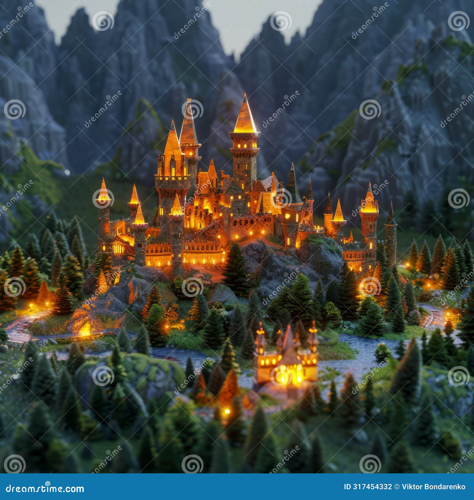 Digital Glowing Medieval Castle in the Mountains of 3d Triangular ...