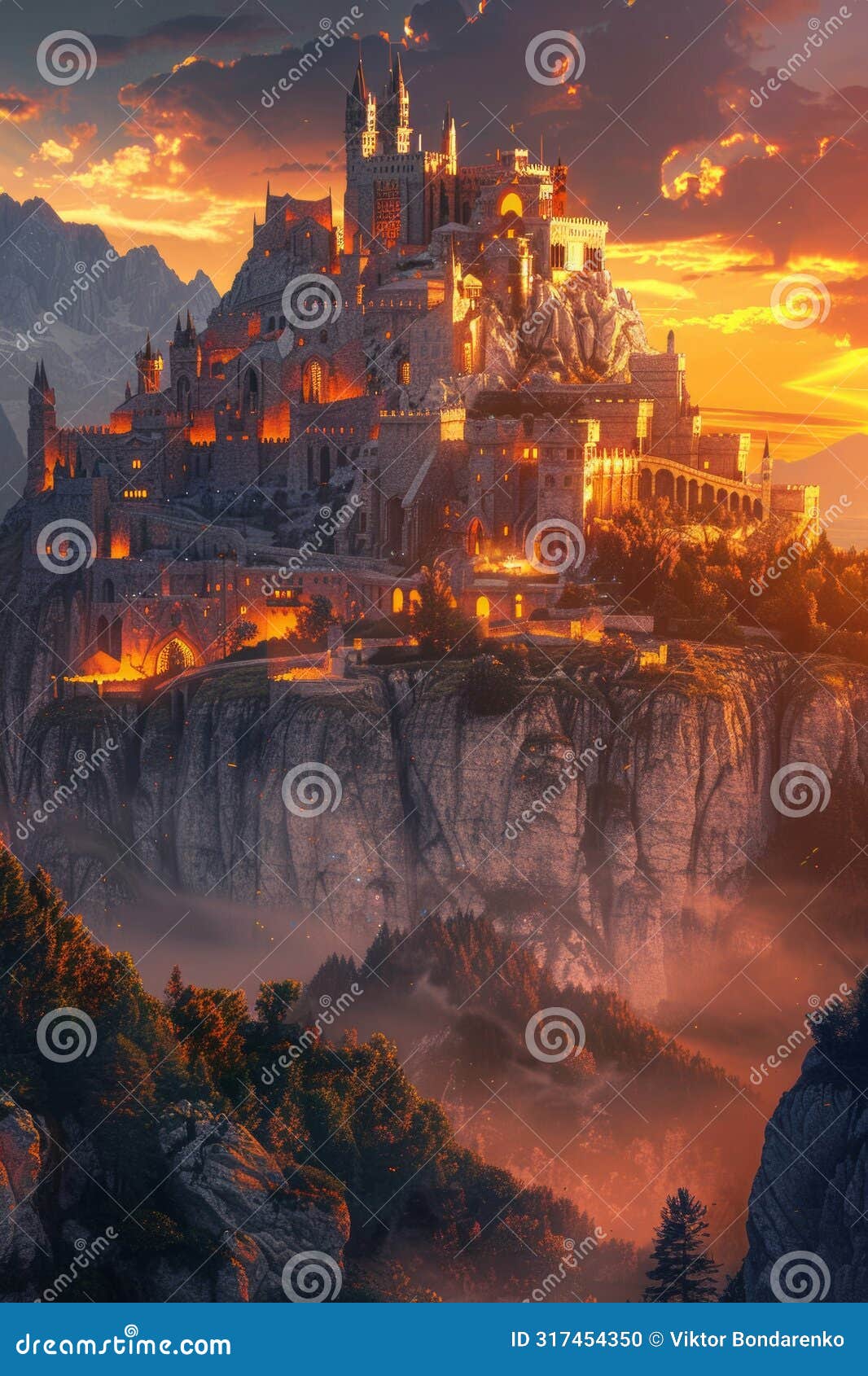 Digital Glowing Medieval Castle in the Mountains of 3d Triangular ...