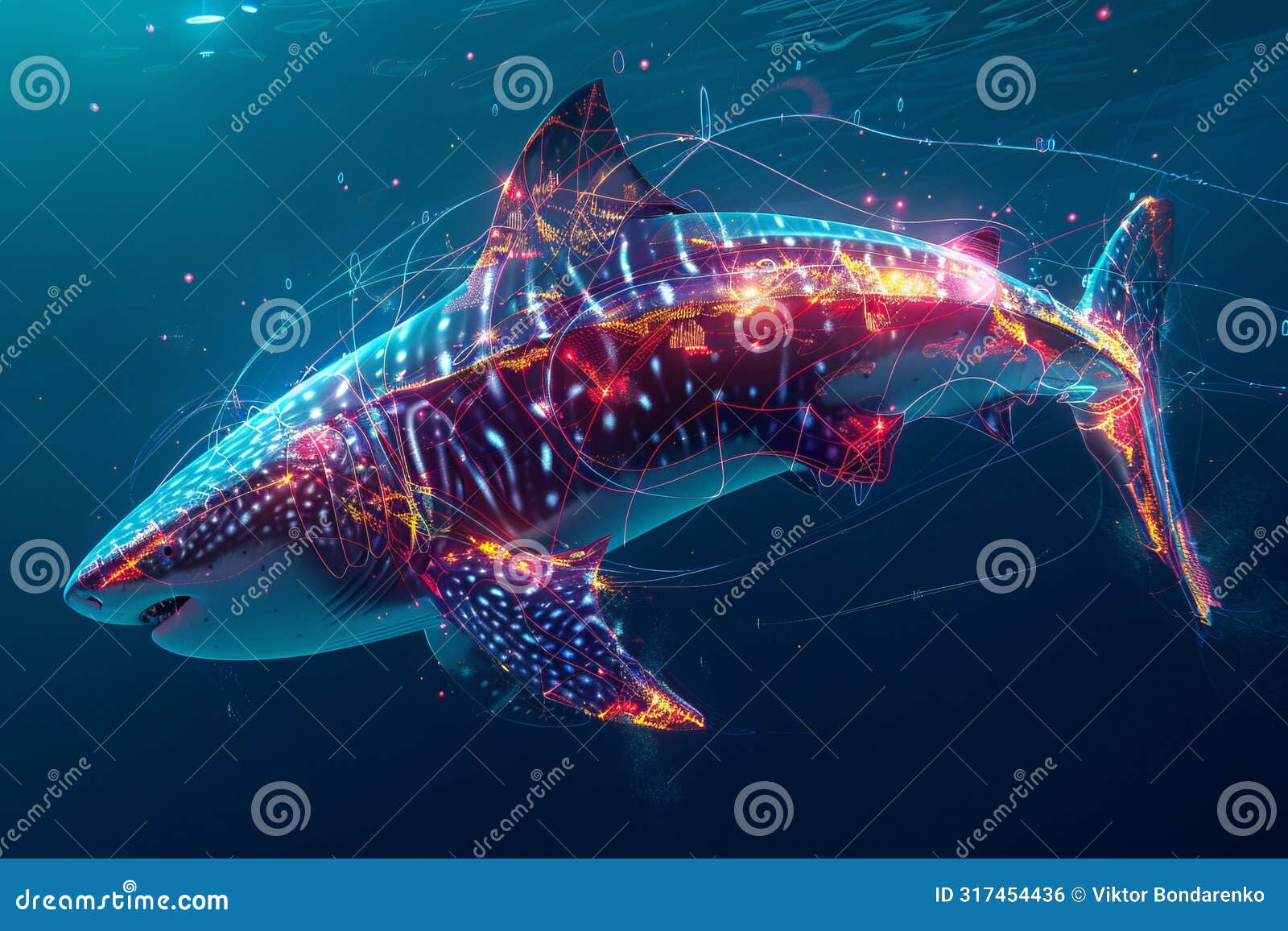 Digital Glowing Shark of 3d Triangular Polygons Stock Photo - Image of ...