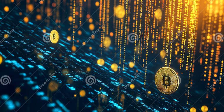 Digital Gold Coins Cascading Down through Layers of Binary Code and Virtual Transactions Stock ...