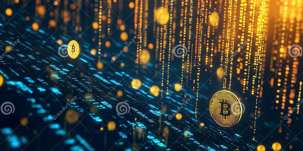 Digital Gold Coins Cascading Down through Layers of Binary Code and Virtual Transactions Stock ...