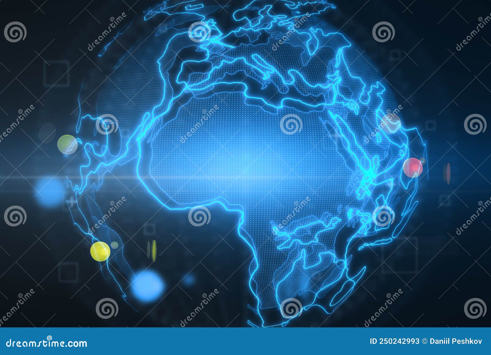 Digital Graphic World Map Design Template with Africa Continent Glowing ...