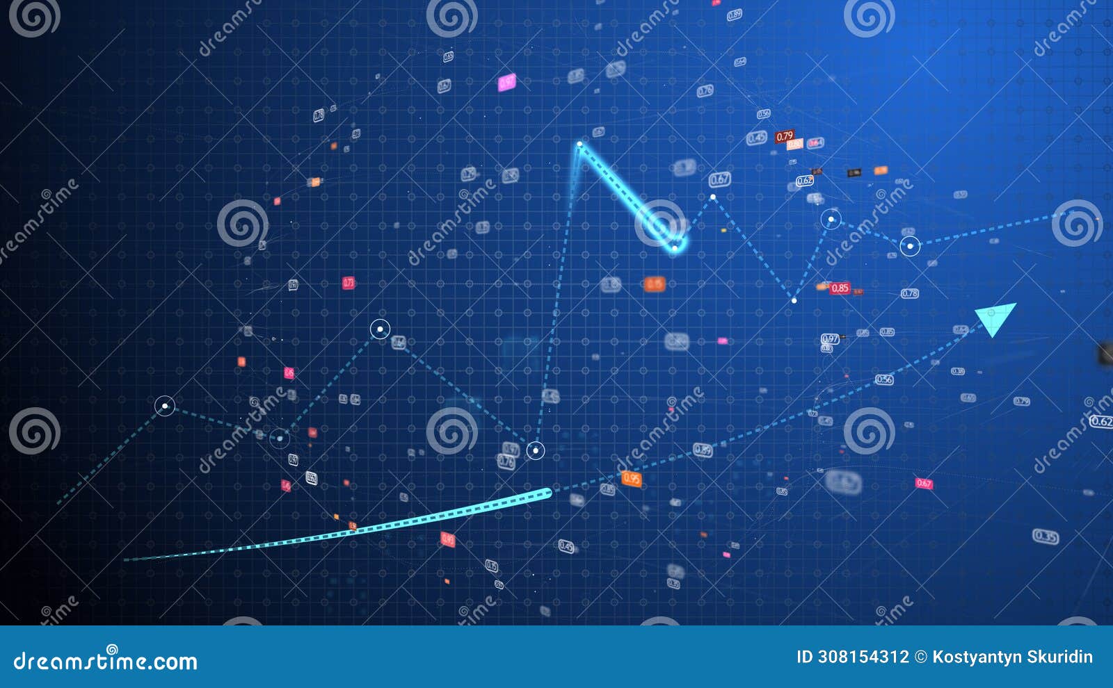 Digital Graphs and Charts Moving on Blue Background with Digital Chaos ...