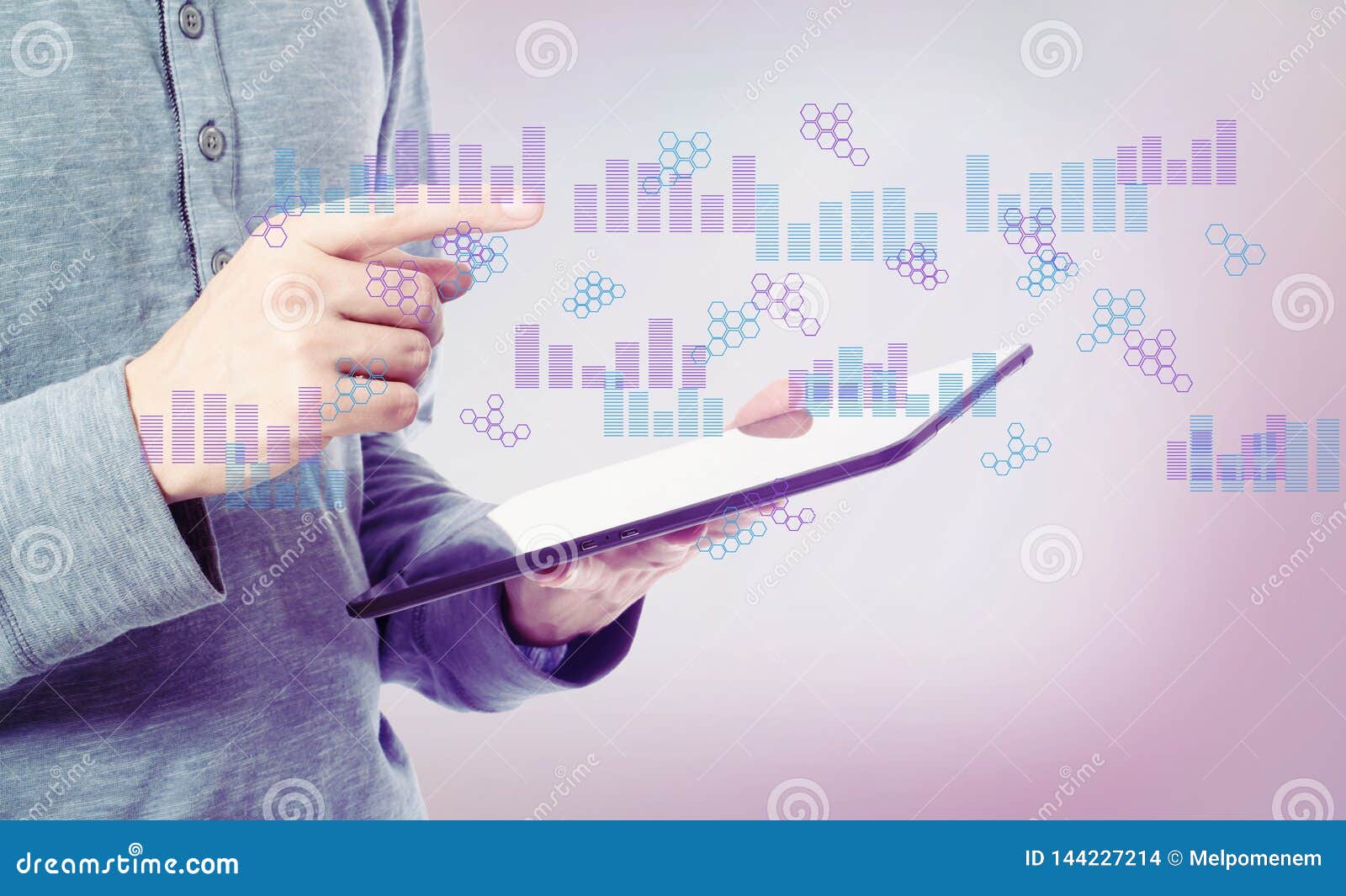 Digital Graphs and Hexagon Grids with Man Holding a Tablet Stock Photo ...